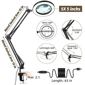 LANCOSC Magnifying Glass with Light and Stand, 5 Inches 5X Real Glass Lens, 3 Color Modes Stepless Dimmable LED Desk Lamp, Adjustable Arm Lighted Magnifier Light for Reading Repair Crafts Close Work