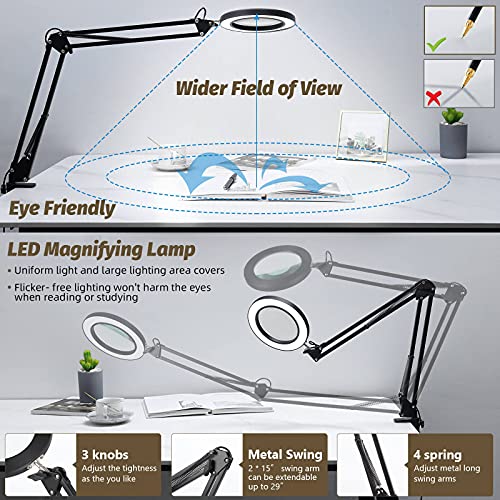 LANCOSC Magnifying Glass with Light and Stand, 5 Inches 5X Real Glass Lens, 3 Color Modes Stepless Dimmable LED Desk Lamp, Adjustable Arm Lighted Magnifier Light for Reading Repair Crafts Close Work