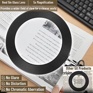 LANCOSC Magnifying Glass with Light and Stand, 5 Inches 5X Real Glass Lens, 3 Color Modes Stepless Dimmable LED Desk Lamp, Adjustable Arm Lighted Magnifier Light for Reading Repair Crafts Close Work