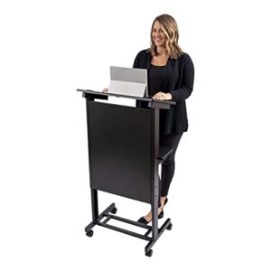 stand up desk store mobile adjustable height rolling lectern podium with heavy duty steel frame (black frame/black shelves, 25.5″ wide)