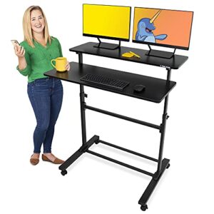 stand steady tranzendesk | height adjustable teacher desk on wheels | mobile standing desk with shelf | two level portable workstation | stand up desk for presentations (black/40x28in)