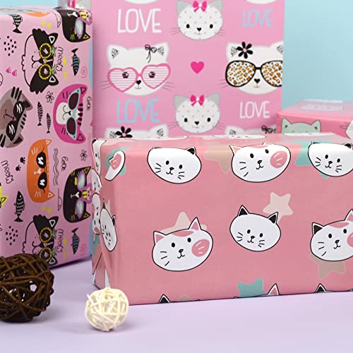 FIEHALA Flat Wrapping Paper Sheets - 12 Sheets with 4 Cat Patterns - Pre cut & Folded Flat Design (20 inch × 27.5 inch per sheet)