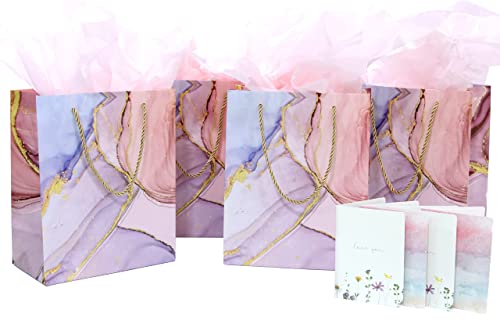 Luxurious Pink Marble & Glitter Gift Bags (4 Packs) - Medium Size 7.75" X 4.3" X 9.6" - Includes 4 Tissue Papers & 4 Cards - Perfect for Valentine's Day, Mother's Day, Bridal Shower, Parties, Weddings, Baby Shower, Anniversaries