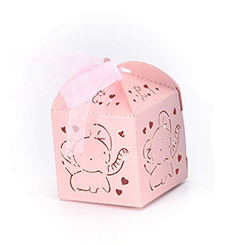 ALLHEARTDESIRES 50 Pack Pink Elephant Girl Baby Shower Decoration Laser Cut Paper Party Treat Box Wedding Girl Birthday Gifts Wrapping Candy Buffet Table Centerpieces