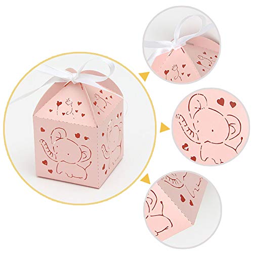 ALLHEARTDESIRES 50 Pack Pink Elephant Girl Baby Shower Decoration Laser Cut Paper Party Treat Box Wedding Girl Birthday Gifts Wrapping Candy Buffet Table Centerpieces