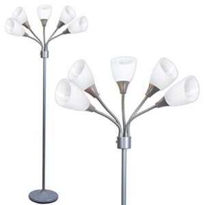 lightaccents modern multi head floor lamp – medusa 5 light standing lamp tall bedroom lamp with 5 positionable bright acrylic white shades with 3-light mode switch(silver)