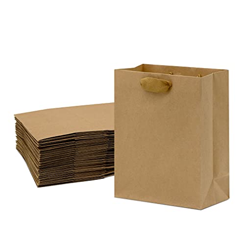 Brown Gift Bags with Handles - 8x4x10 Inch 25 Pack Designer Kraft Shopping Bags in Bulk, Small Gift Wrap Totes with Fabric Handles for Boutiques, Small Business, Retail Stores, Merchandise, Birthdays