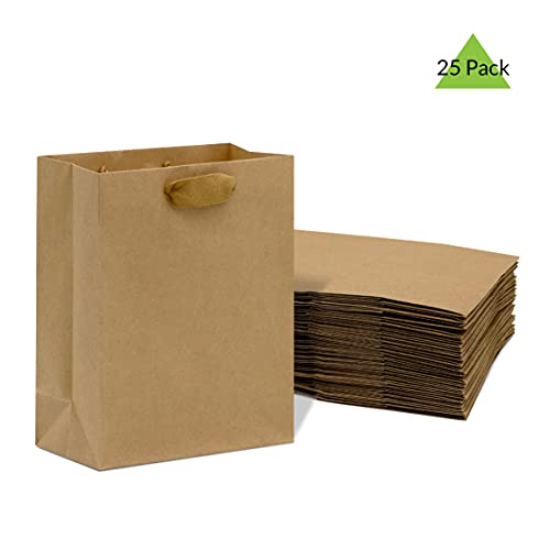 Brown Gift Bags with Handles - 8x4x10 Inch 25 Pack Designer Kraft Shopping Bags in Bulk, Small Gift Wrap Totes with Fabric Handles for Boutiques, Small Business, Retail Stores, Merchandise, Birthdays