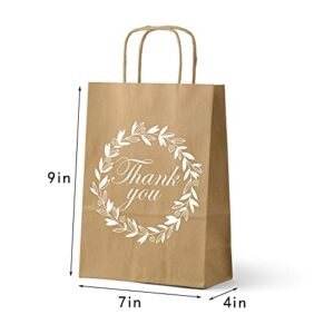 KALEFO 60Pcs Thank You Gift Bags Bulk Wedding Favors with Handle Brown Kfaft Paper Bags for Birthday Graduation Party Supplies Baby Shower Retail Shopping 7 x 4 x 9in