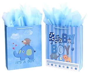 12.5″ medium baby gift bags with tissue papers for baby showers 2-pack (blue)