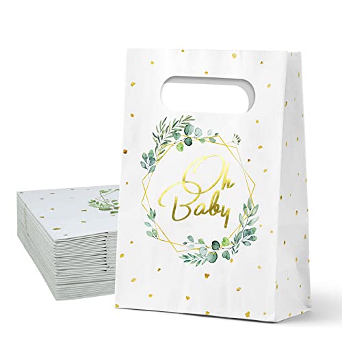 WEEPA 24 Pcs Greenery Eucalyptus Oh Baby Paper Gift Bags Neutral Baby Shower Treat Sack White Kraft Paper Bags, 5.5 * 2.5 * 8.5 inch