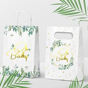 WEEPA 24 Pcs Greenery Eucalyptus Oh Baby Paper Gift Bags Neutral Baby Shower Treat Sack White Kraft Paper Bags, 5.5 * 2.5 * 8.5 inch