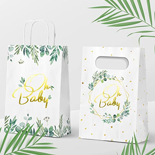 WEEPA 24 Pcs Greenery Eucalyptus Oh Baby Paper Gift Bags Neutral Baby Shower Treat Sack White Kraft Paper Bags, 5.5 * 2.5 * 8.5 inch