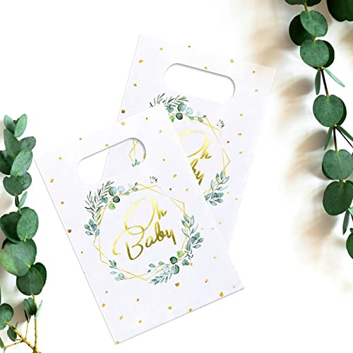 WEEPA 24 Pcs Greenery Eucalyptus Oh Baby Paper Gift Bags Neutral Baby Shower Treat Sack White Kraft Paper Bags, 5.5 * 2.5 * 8.5 inch