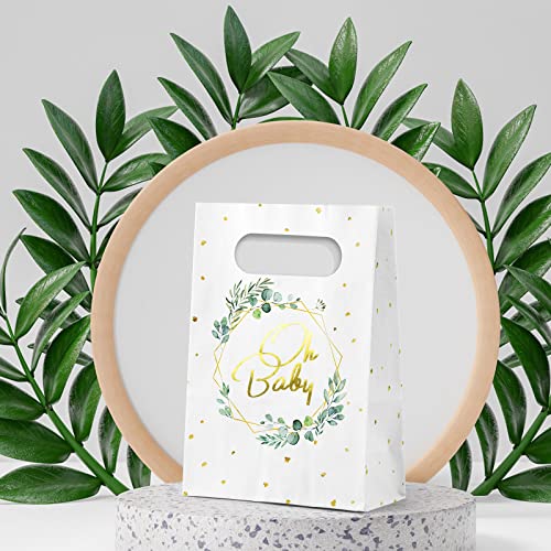 WEEPA 24 Pcs Greenery Eucalyptus Oh Baby Paper Gift Bags Neutral Baby Shower Treat Sack White Kraft Paper Bags, 5.5 * 2.5 * 8.5 inch