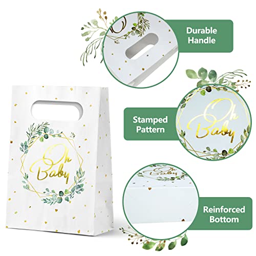 WEEPA 24 Pcs Greenery Eucalyptus Oh Baby Paper Gift Bags Neutral Baby Shower Treat Sack White Kraft Paper Bags, 5.5 * 2.5 * 8.5 inch