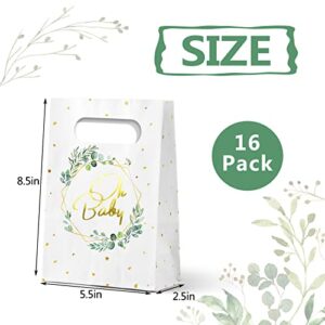 WEEPA 24 Pcs Greenery Eucalyptus Oh Baby Paper Gift Bags Neutral Baby Shower Treat Sack White Kraft Paper Bags, 5.5 * 2.5 * 8.5 inch