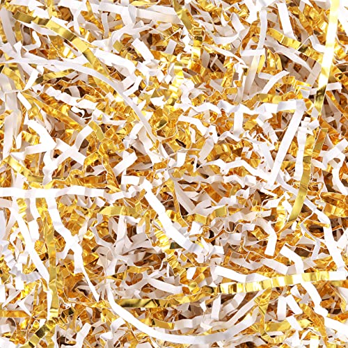 Crinkle Cut Paper Shred Filler Shredded Paper for Gift Box Crinkle Paper Metallic Shredded Crinkle Cut Paper Easter Grass Tissue Paper for Wedding Birthday Wrapping Boxes Bags (Gold White, 1 LB)