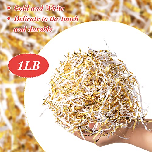 Crinkle Cut Paper Shred Filler Shredded Paper for Gift Box Crinkle Paper Metallic Shredded Crinkle Cut Paper Easter Grass Tissue Paper for Wedding Birthday Wrapping Boxes Bags (Gold White, 1 LB)