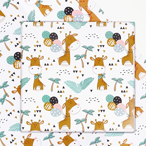 Birthday Wrapping Paper for Baby Boys Kids Girls, Giraffe Design Gift Wrapping Paper, Cute Animals 7 Sheets Folded Flat 20x28 inches per Sheet for Birthday Party Baby Shower Kindergarten