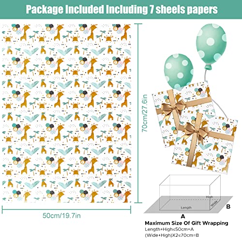 Birthday Wrapping Paper for Baby Boys Kids Girls, Giraffe Design Gift Wrapping Paper, Cute Animals 7 Sheets Folded Flat 20x28 inches per Sheet for Birthday Party Baby Shower Kindergarten