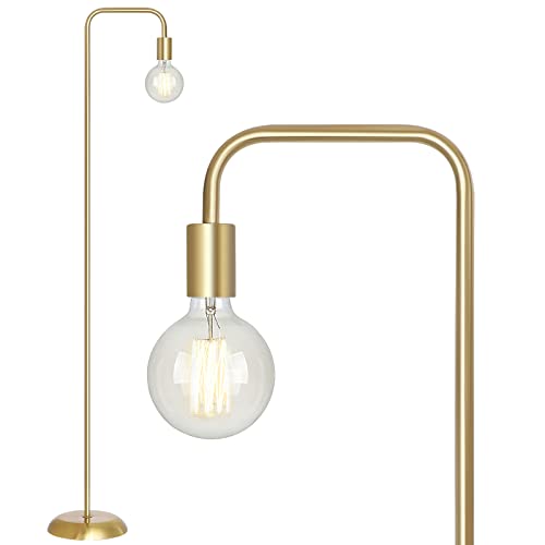 QiMH Industrial Floor Lamp with Light Bulb, Metal Standing Lamp,Tall Modern Brushed Gold Led Living Room Floor Lamp for Home Decor,Bedroom,Reading,Office(E26 Socket,Foot Switch)