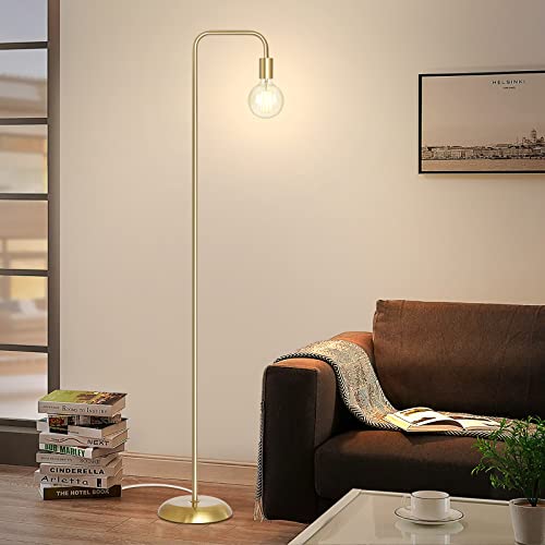 QiMH Industrial Floor Lamp with Light Bulb, Metal Standing Lamp,Tall Modern Brushed Gold Led Living Room Floor Lamp for Home Decor,Bedroom,Reading,Office(E26 Socket,Foot Switch)