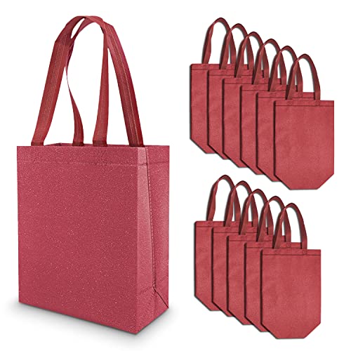 Small Gift Bags - 12 Pack Mini Red Metallic Glitter Gift Bags with Handles, Cute Reusable Eco Friendly Bling Tote for Valentine Goodie & Favor Bags, Birthday Party, Candy Favors, in Bulk - 6x3x8