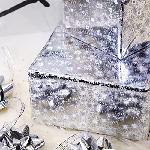 LeZakaa Silver Holographic Wrapping Paper - Mini Roll - Firework Print for Birthday, Wedding Shower, Holiday - 17.32 inches x 32.8 Feet (47.23 sq.ft.)