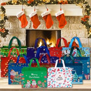 Heetobcos 12 Pack Christmas Gift Bags Large Reusable Christmas Tote Bags, Non-Woven Christmas Bags for New Year's Shopping, Christmas Surprise, Xmas Party Supplies,12.8"×9.8"×6.7"