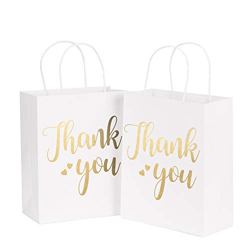 LaRibbons Medium Size Gift Bags - Gold Foil Thank You White Paper Bags with Handles for Wedding, Birthday, Baby Shower, Party Favors - 12 Pack - 8" x 4" x 10"