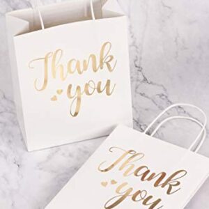 LaRibbons Medium Size Gift Bags - Gold Foil Thank You White Paper Bags with Handles for Wedding, Birthday, Baby Shower, Party Favors - 12 Pack - 8" x 4" x 10"