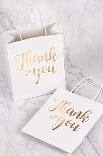 LaRibbons Medium Size Gift Bags - Gold Foil Thank You White Paper Bags with Handles for Wedding, Birthday, Baby Shower, Party Favors - 12 Pack - 8" x 4" x 10"