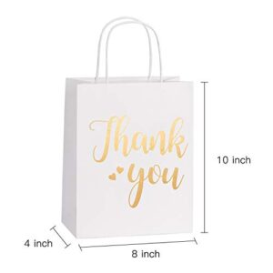 LaRibbons Medium Size Gift Bags - Gold Foil Thank You White Paper Bags with Handles for Wedding, Birthday, Baby Shower, Party Favors - 12 Pack - 8" x 4" x 10"