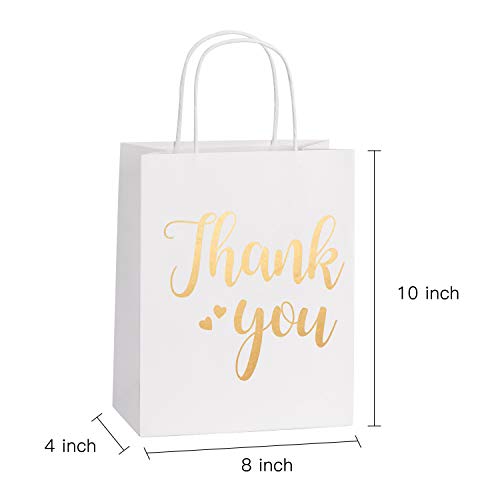 LaRibbons Medium Size Gift Bags - Gold Foil Thank You White Paper Bags with Handles for Wedding, Birthday, Baby Shower, Party Favors - 12 Pack - 8" x 4" x 10"