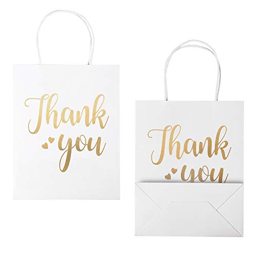 LaRibbons Medium Size Gift Bags - Gold Foil Thank You White Paper Bags with Handles for Wedding, Birthday, Baby Shower, Party Favors - 12 Pack - 8" x 4" x 10"