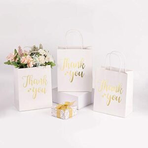 LaRibbons Medium Size Gift Bags - Gold Foil Thank You White Paper Bags with Handles for Wedding, Birthday, Baby Shower, Party Favors - 12 Pack - 8" x 4" x 10"