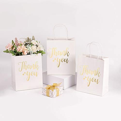 LaRibbons Medium Size Gift Bags - Gold Foil Thank You White Paper Bags with Handles for Wedding, Birthday, Baby Shower, Party Favors - 12 Pack - 8" x 4" x 10"