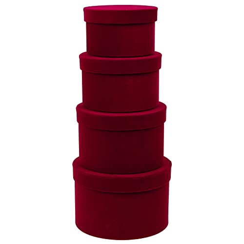 GnFlus Round Gift Boxes with Lids for Presents Set of 4 Velvet Nesting Gifts Box for Wedding Birthday Valentines Bridesmaid Christmas Party Anniversary - Red Wine