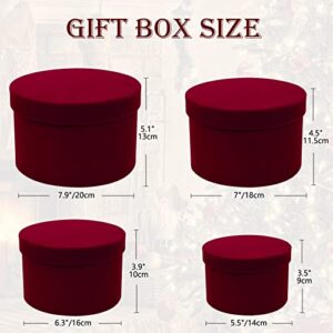 GnFlus Round Gift Boxes with Lids for Presents Set of 4 Velvet Nesting Gifts Box for Wedding Birthday Valentines Bridesmaid Christmas Party Anniversary - Red Wine