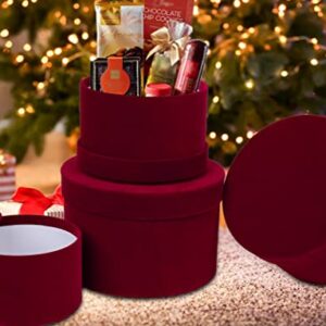 GnFlus Round Gift Boxes with Lids for Presents Set of 4 Velvet Nesting Gifts Box for Wedding Birthday Valentines Bridesmaid Christmas Party Anniversary - Red Wine