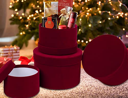 GnFlus Round Gift Boxes with Lids for Presents Set of 4 Velvet Nesting Gifts Box for Wedding Birthday Valentines Bridesmaid Christmas Party Anniversary - Red Wine