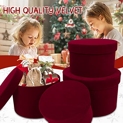 GnFlus Round Gift Boxes with Lids for Presents Set of 4 Velvet Nesting Gifts Box for Wedding Birthday Valentines Bridesmaid Christmas Party Anniversary - Red Wine