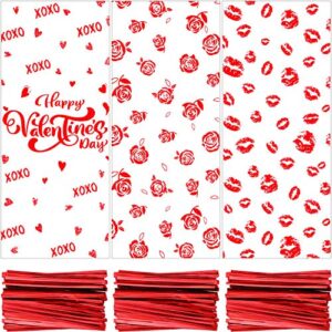 150 pieces valentine cellophane bags treat bags goodies bags candy bags with 150 pieces twist ties for valentine’s day party favor supplies (lip, rose and happy valentine’s day design)