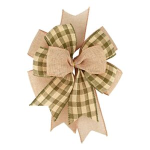 Meseey 2 Pcs 12 x 10 Inch Big Bow Ribbon with Nature Burlap Green Plaid Buffalo Checkered Ribbons and Bow Use for Christmas Gift Wrapping, Party Decoration (Green White )