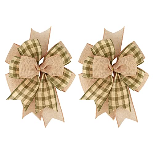 Meseey 2 Pcs 12 x 10 Inch Big Bow Ribbon with Nature Burlap Green Plaid Buffalo Checkered Ribbons and Bow Use for Christmas Gift Wrapping, Party Decoration (Green White )