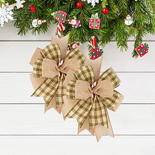 Meseey 2 Pcs 12 x 10 Inch Big Bow Ribbon with Nature Burlap Green Plaid Buffalo Checkered Ribbons and Bow Use for Christmas Gift Wrapping, Party Decoration (Green White )