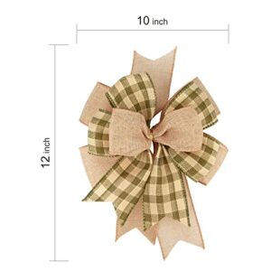 Meseey 2 Pcs 12 x 10 Inch Big Bow Ribbon with Nature Burlap Green Plaid Buffalo Checkered Ribbons and Bow Use for Christmas Gift Wrapping, Party Decoration (Green White )