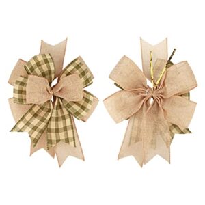 Meseey 2 Pcs 12 x 10 Inch Big Bow Ribbon with Nature Burlap Green Plaid Buffalo Checkered Ribbons and Bow Use for Christmas Gift Wrapping, Party Decoration (Green White )