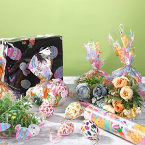 Easter Cellophane Wrapping Paper 100 ft x 16 Inch 2.5 Mil Thick Cello Wrap Roll Crystal Clear Easter Themed Paper Wrapper Colored Bunny Egg Cellophane Gift Wrap for Small Baskets Treats Craft Flowers